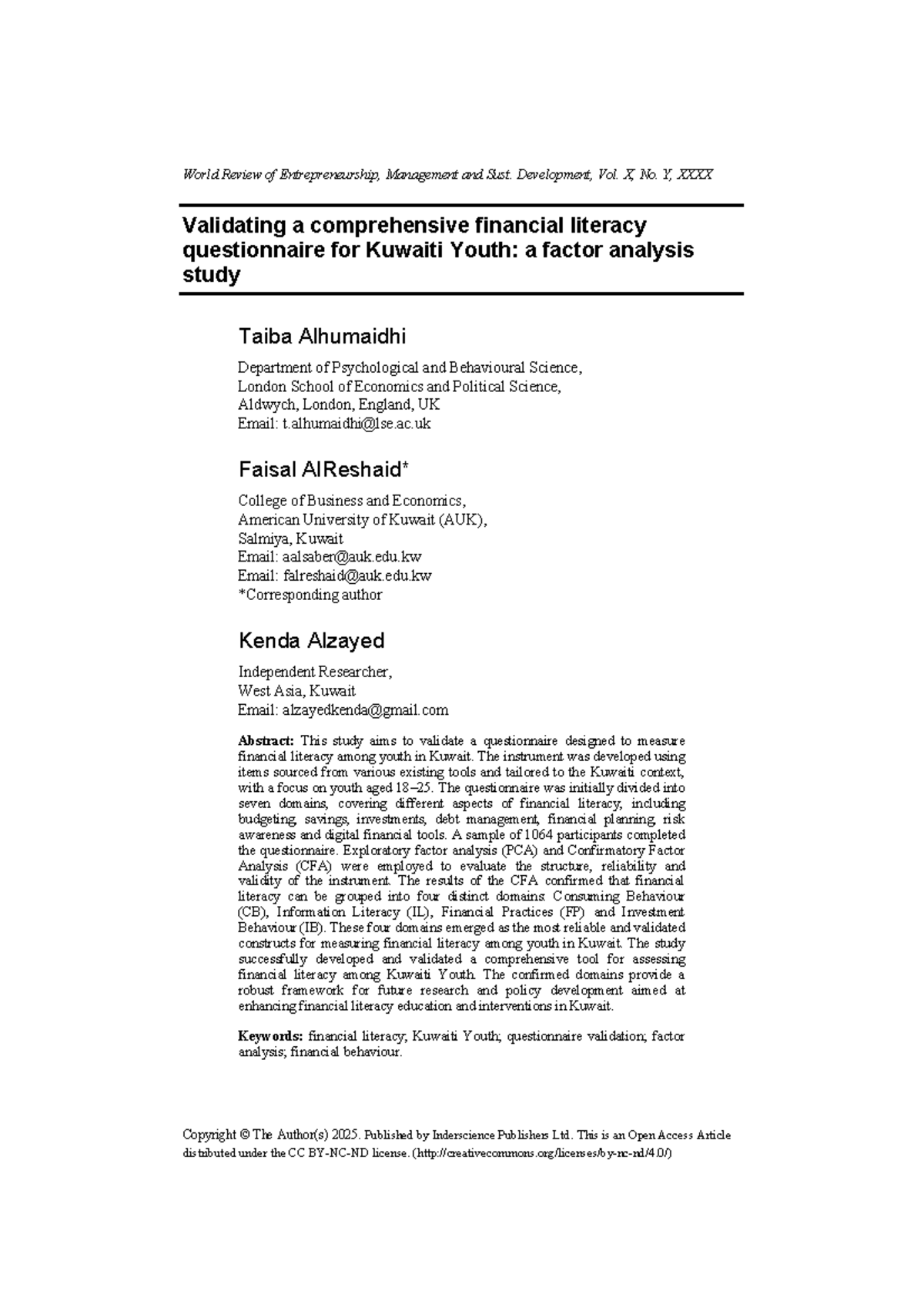 Validating a Financial Literacy Questionnaire for Kuwaiti Youth: A ...