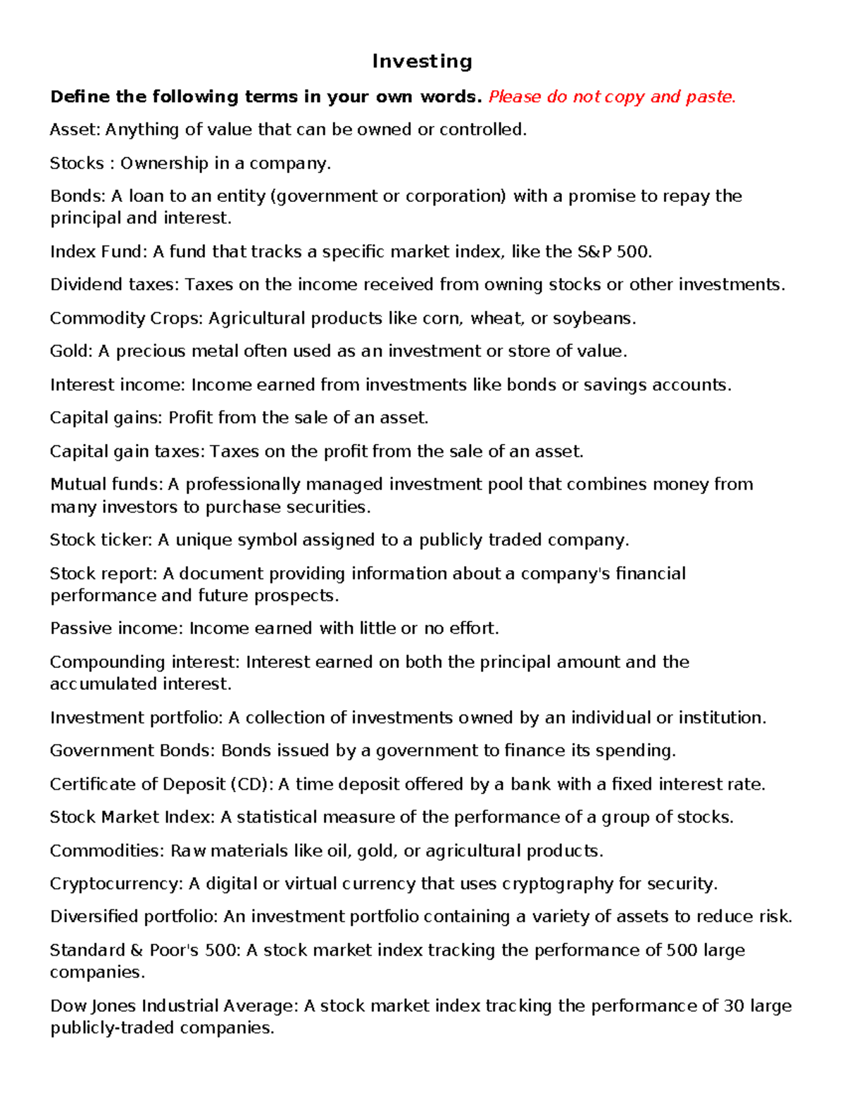 Investing 101 - google - Investing Define the following terms in your ...
