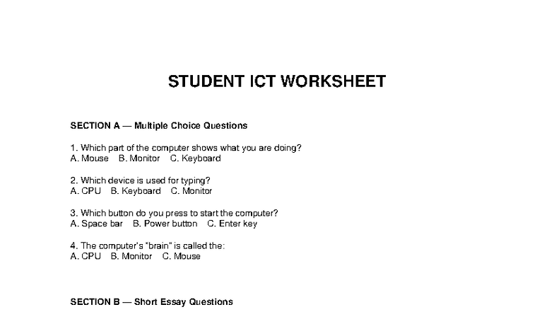 ICT Worksheet: MCQs, Short Essays & Diagram Labels - Studocu