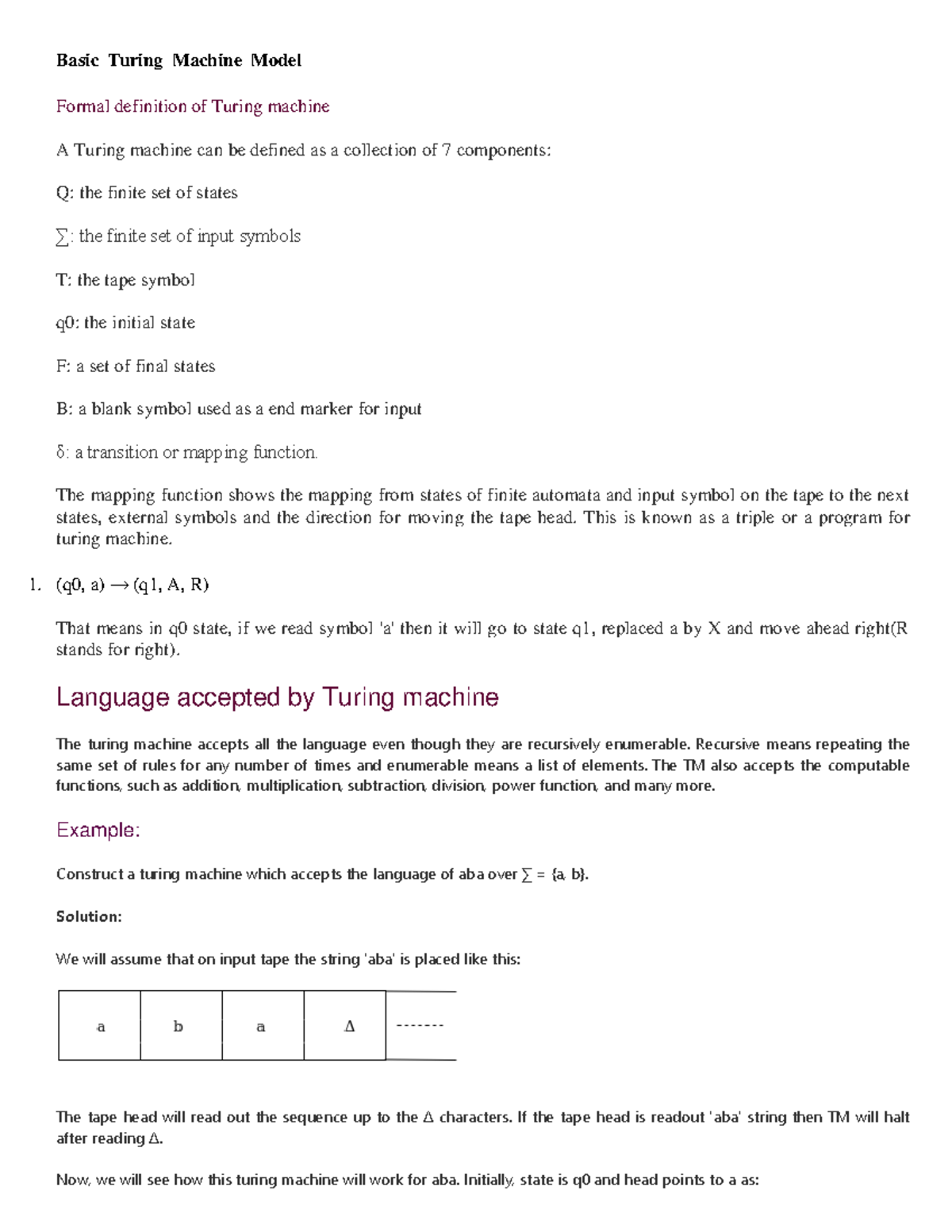 Automata Unit 5 - Turing Machine Model and Language Acceptance Notes ...