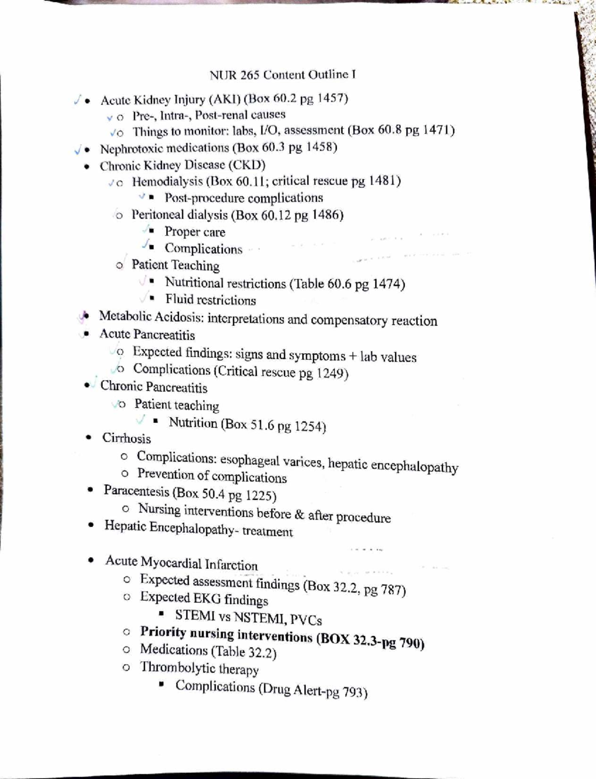 NUR 265 Content Outline I: Acute & Chronic Conditions - Studocu