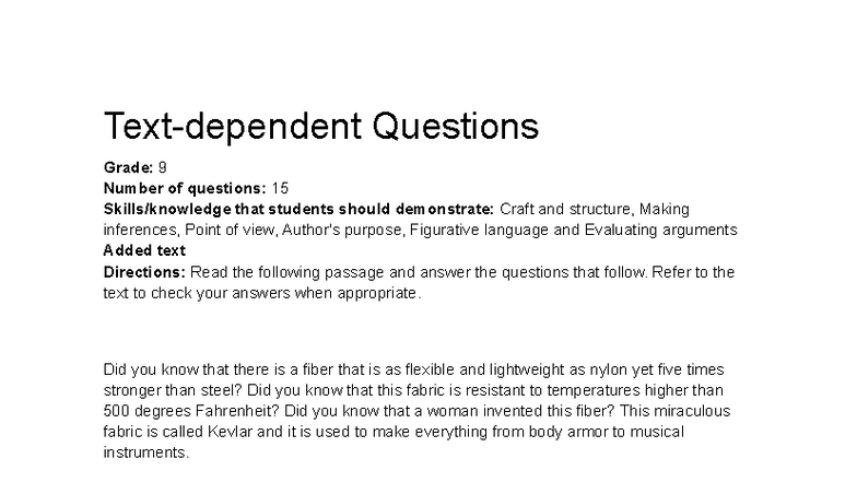 Mark 9: Text-Dependent Questions on Kevlar and Its Applications - Studocu