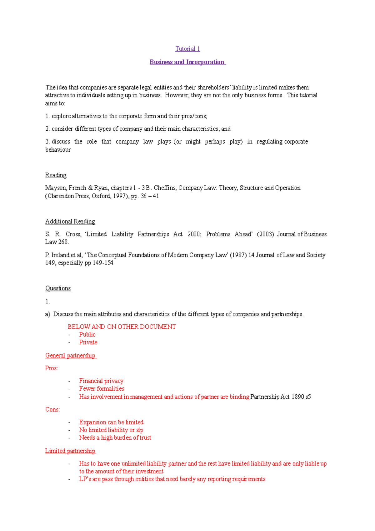 Tutorial 1 - Understanding Company Law: Types and Regulatory Roles - Studocu