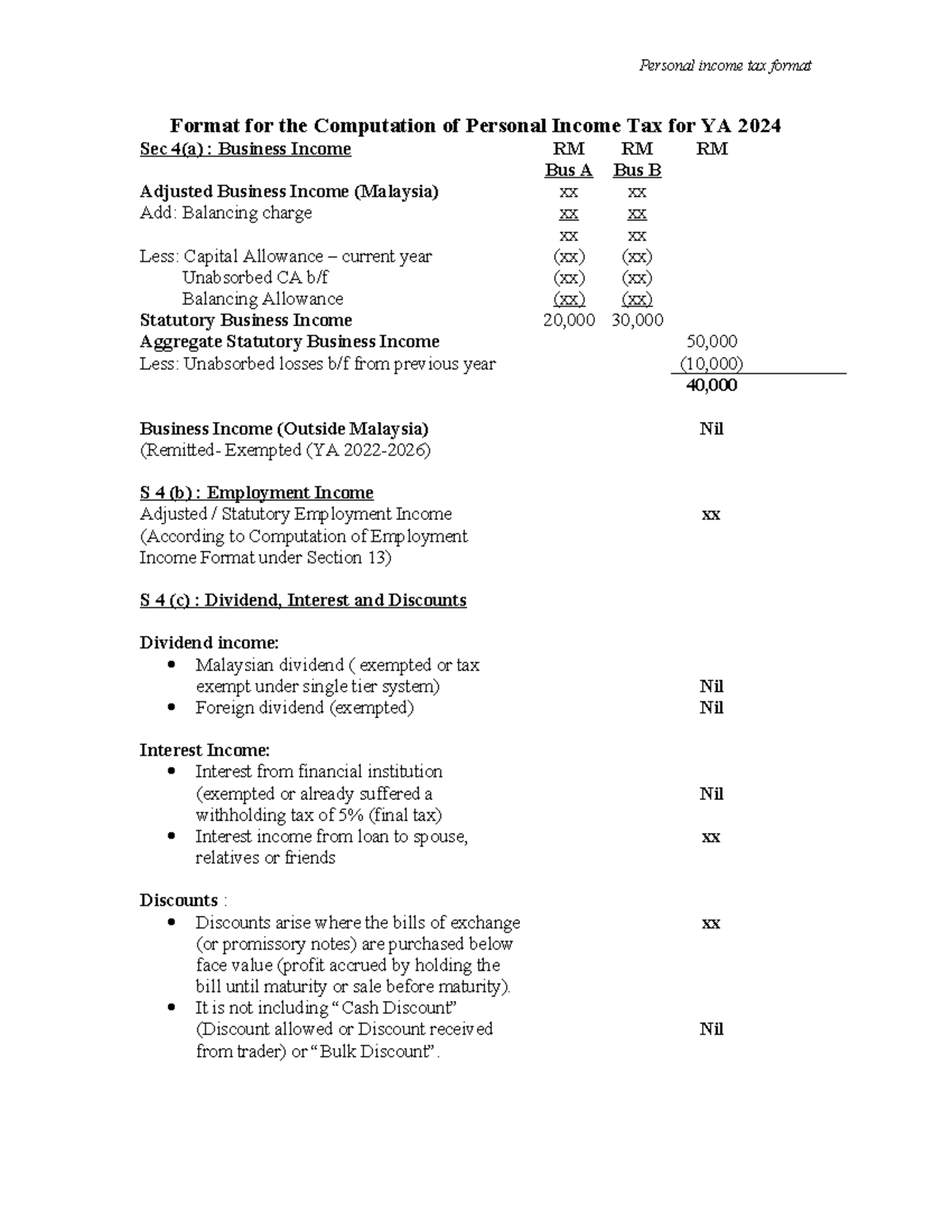Personal Income Tax Computation Format for YA 2024 - Studocu