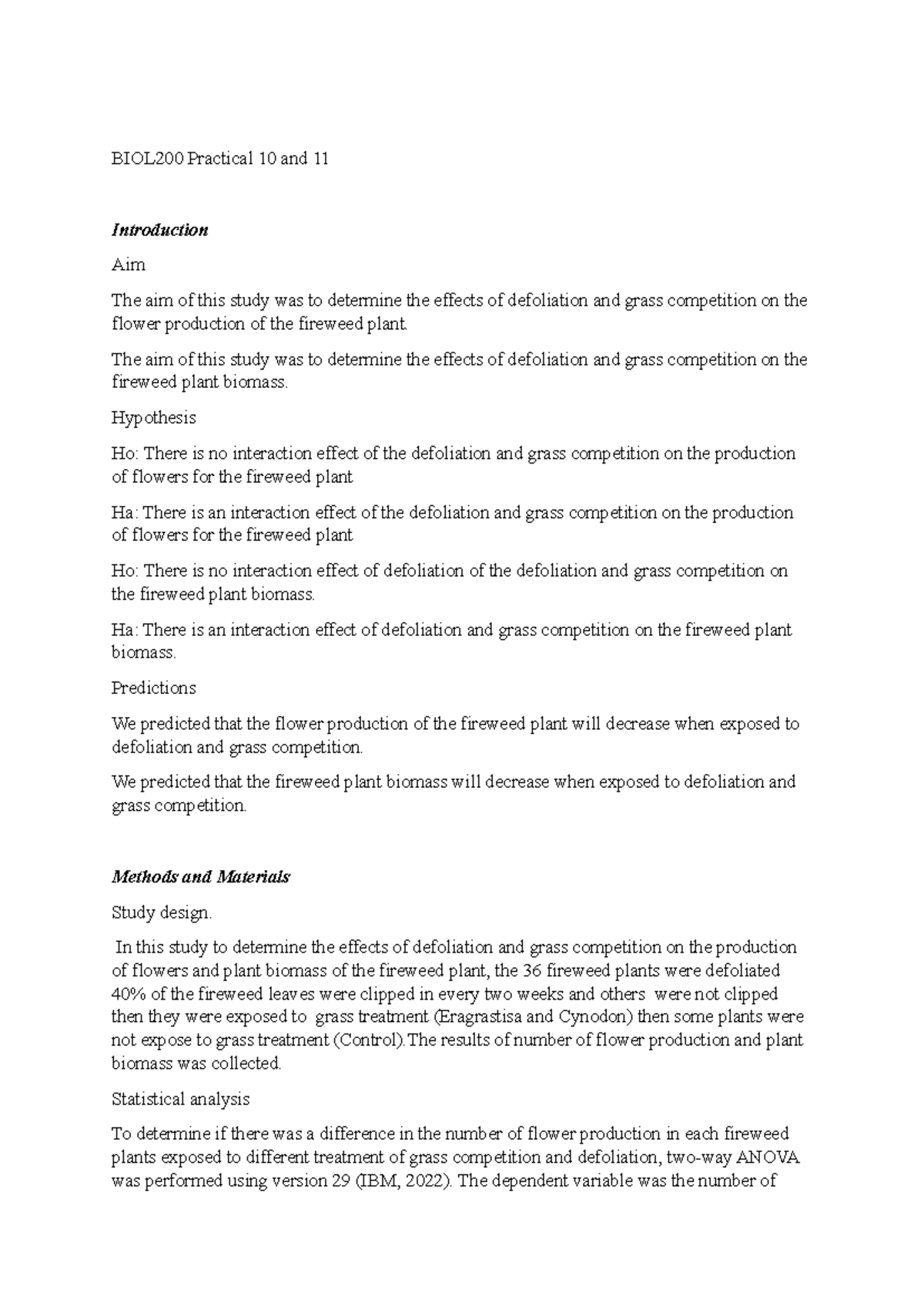 BIOL200 Practical Report: Effects of Defoliation on Fireweed Plants - Studocu