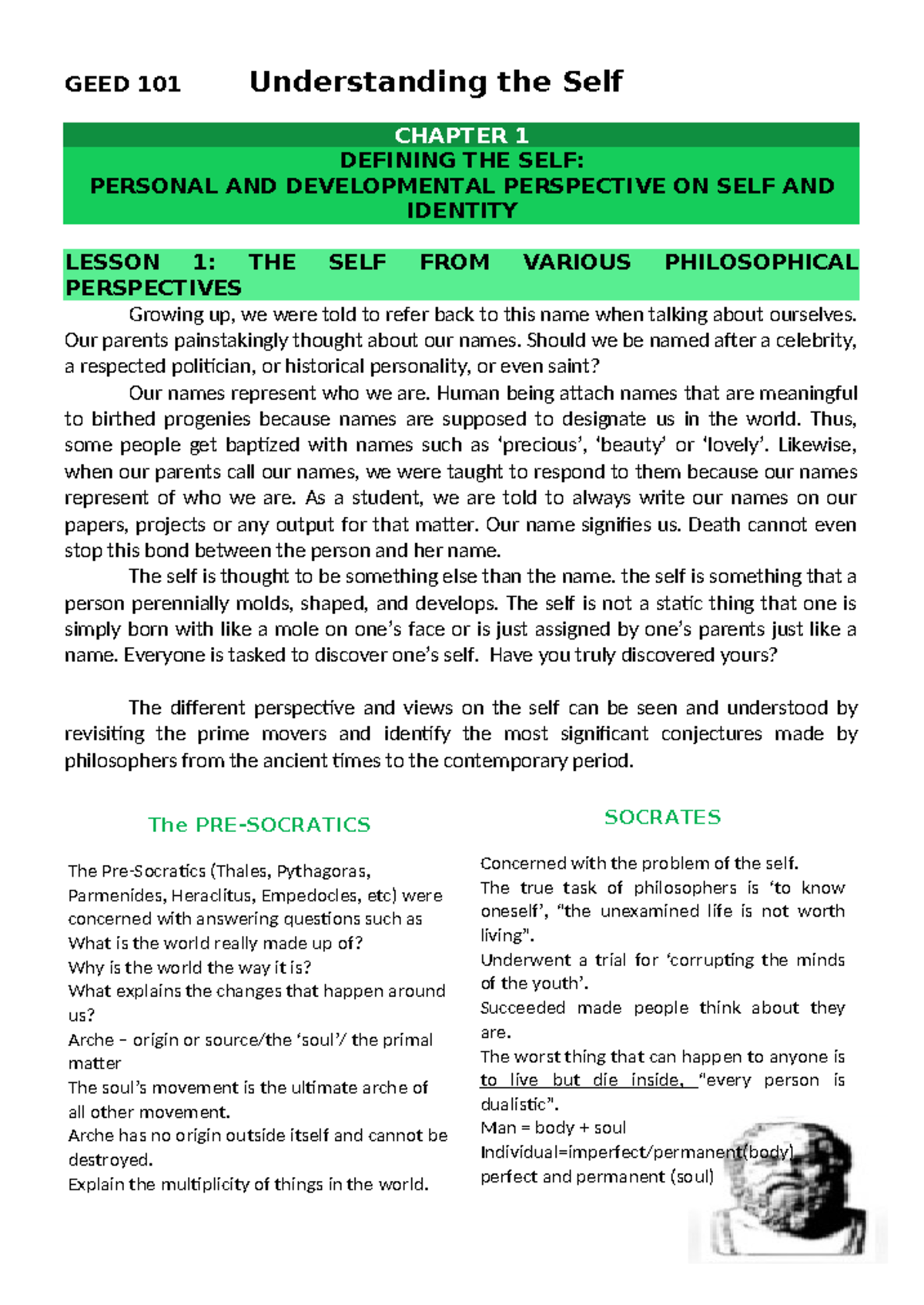 UNDERSTANDING SELF - GEED 101 Understanding the Self CHAPTER 1 DEFINING ...