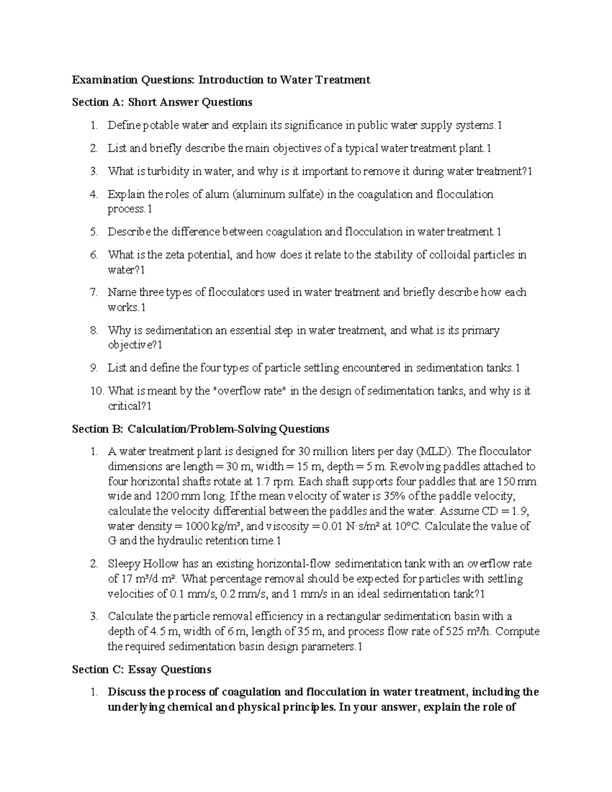 Water Treatment Exam Questions: Introduction to Water Treatment (ENG ...