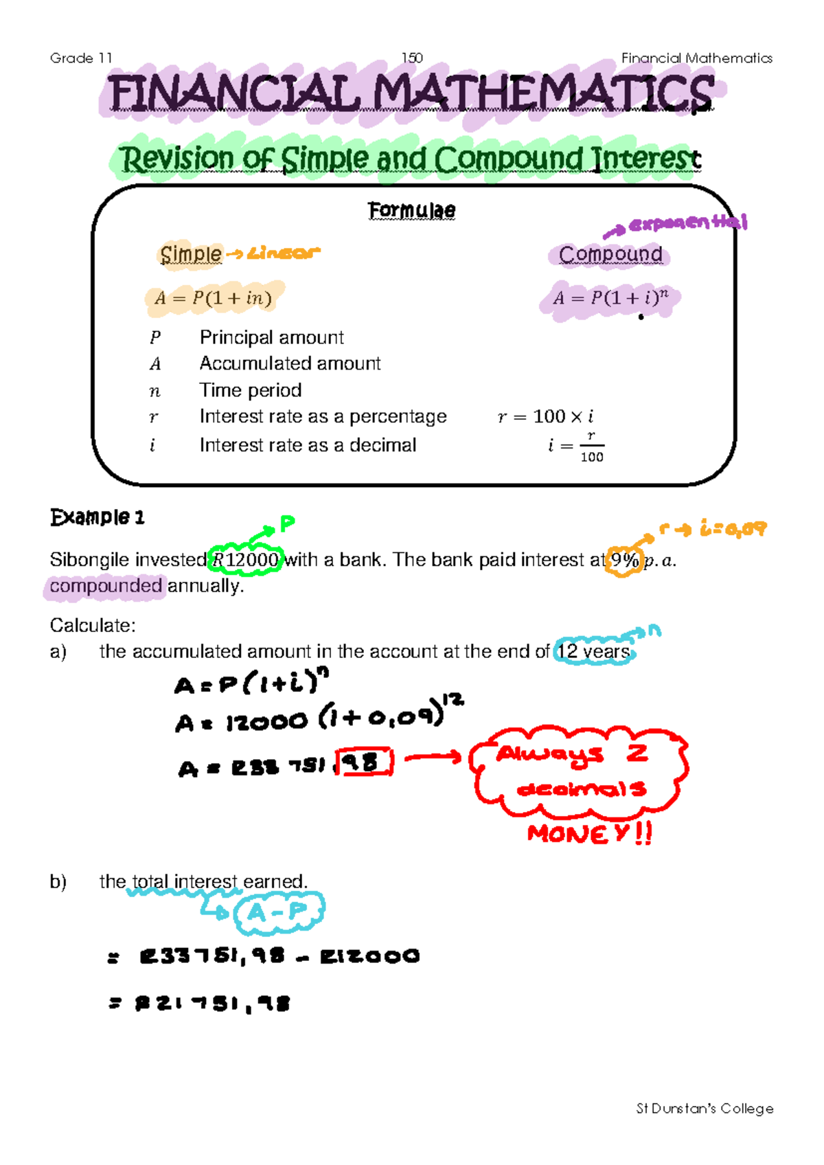 Grade 11 Financial Mathematics Revision: Simple & Compound Interest ...