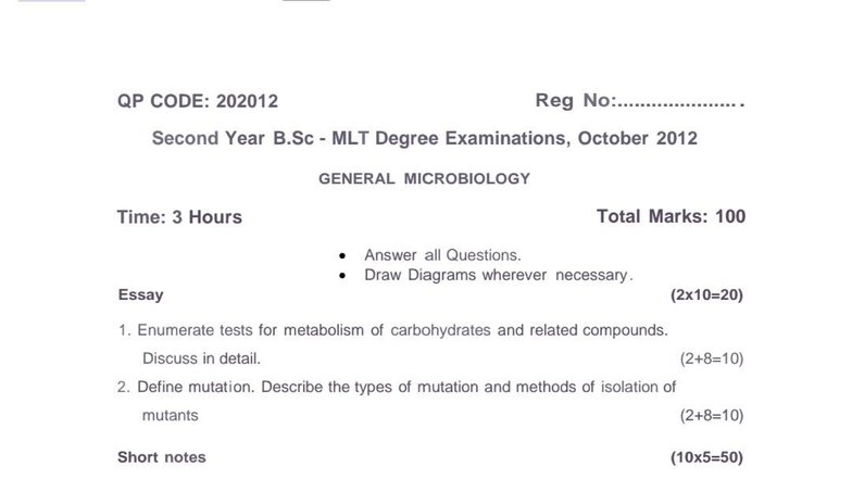 QP CODE: 202012 Second Year B.Sc MLT General Microbiology Exam Papers ...