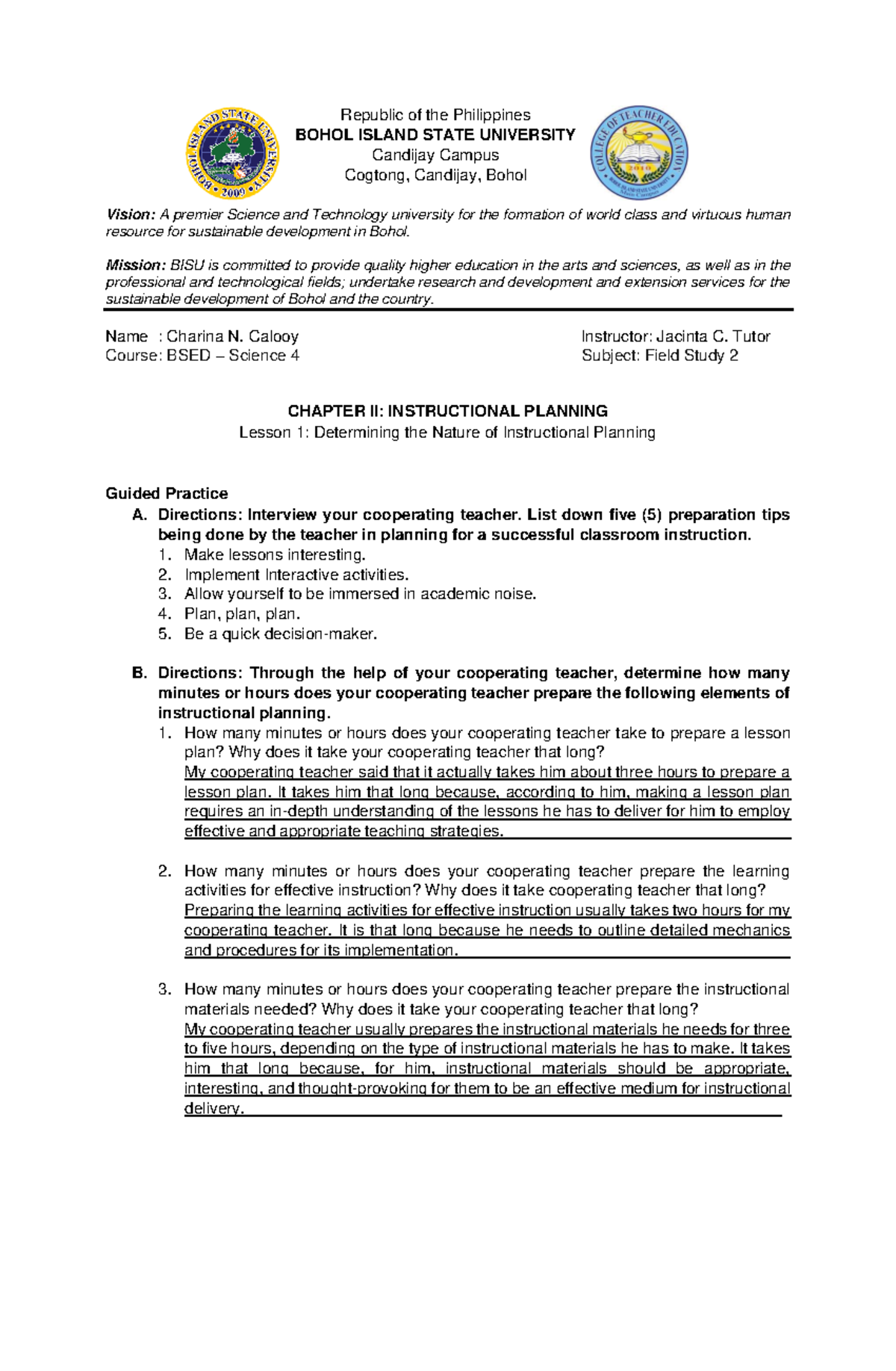 BSED-SCI 4 FS2 Chapter 2: Instructional Planning & Lesson Design - Studocu
