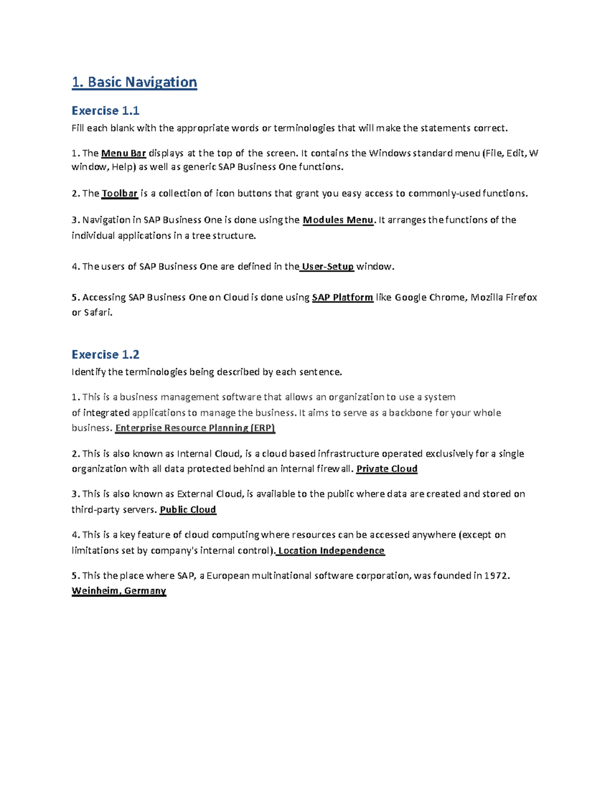 SAP Basic Navigation PILI AC22 - 1. Basic Navigation Exercise 1. Fill each blank with the - Studocu