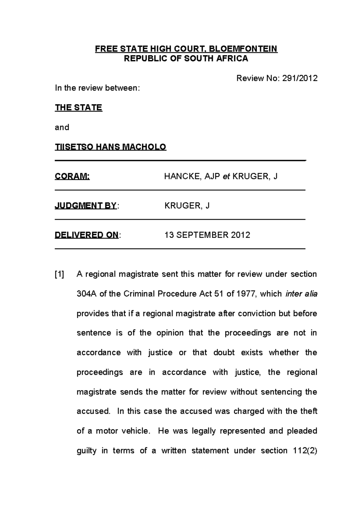 Guilty Plea Case Review: The State vs. Tiisetso H. Macholo 291/2012 ...