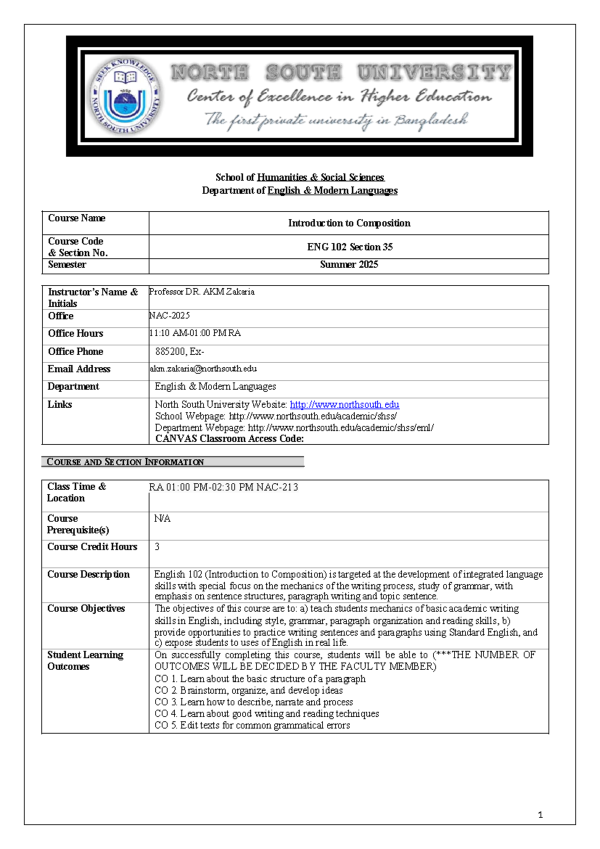 ENG 102: Course Outline for Introduction to Composition - Summer 2025 ...