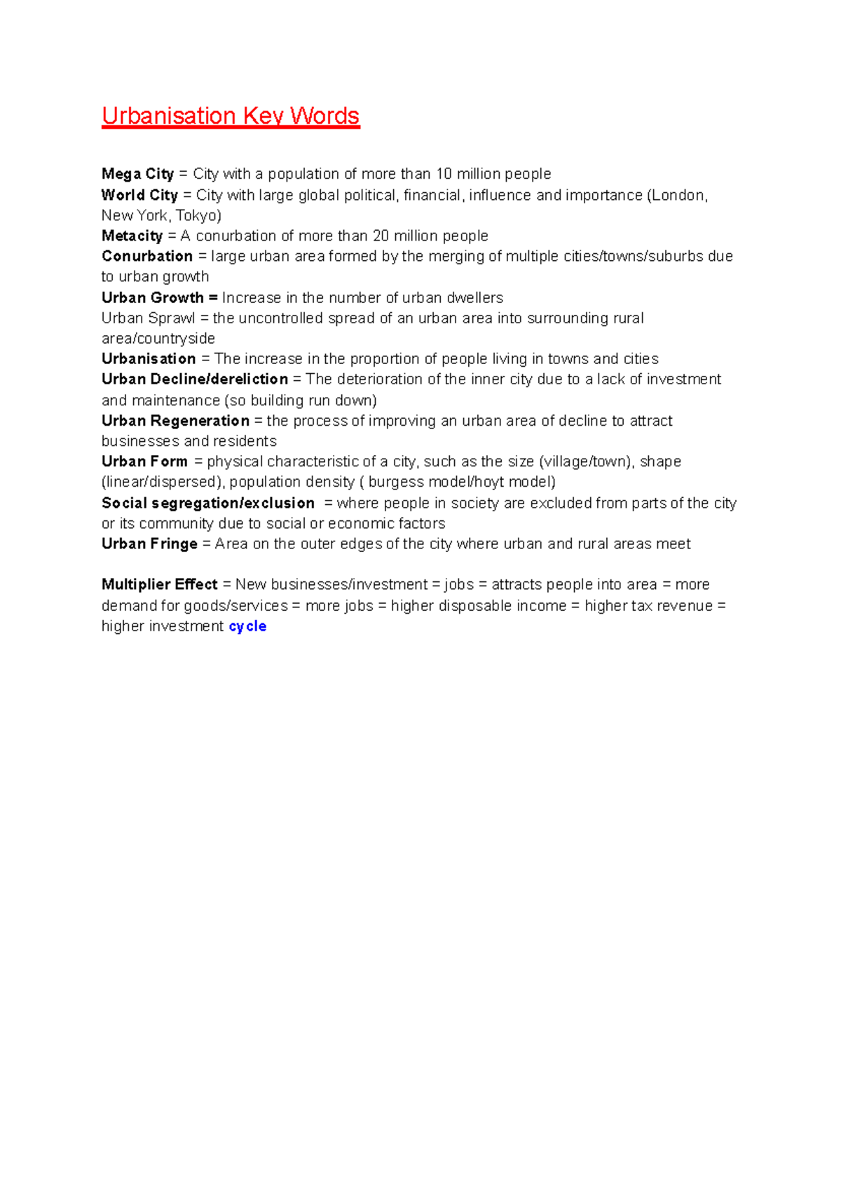 Urbanisation Key Terms: Understanding Mega Cities and Urban Growth ...