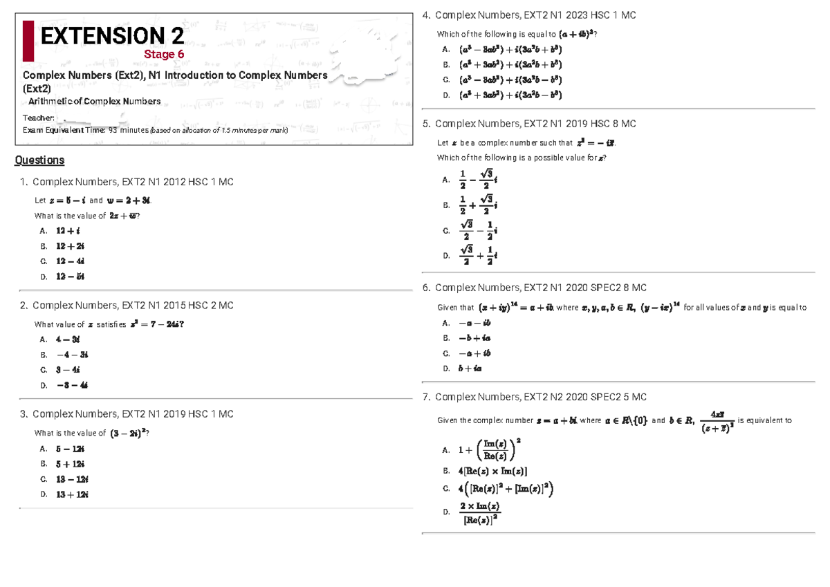 Complex Numbers, EXT2 N1 2023 HSC: Arithmetic & Worked Solutions - Studocu