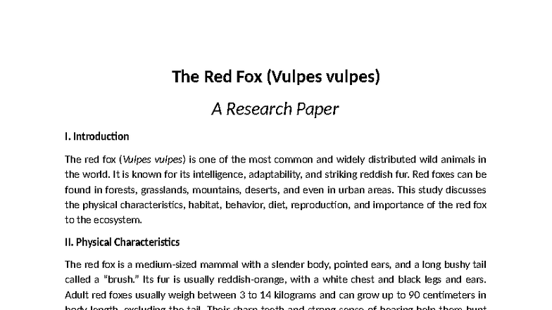 Research Paper on The Red Fox (Vulpes vulpes) - Characteristics ...