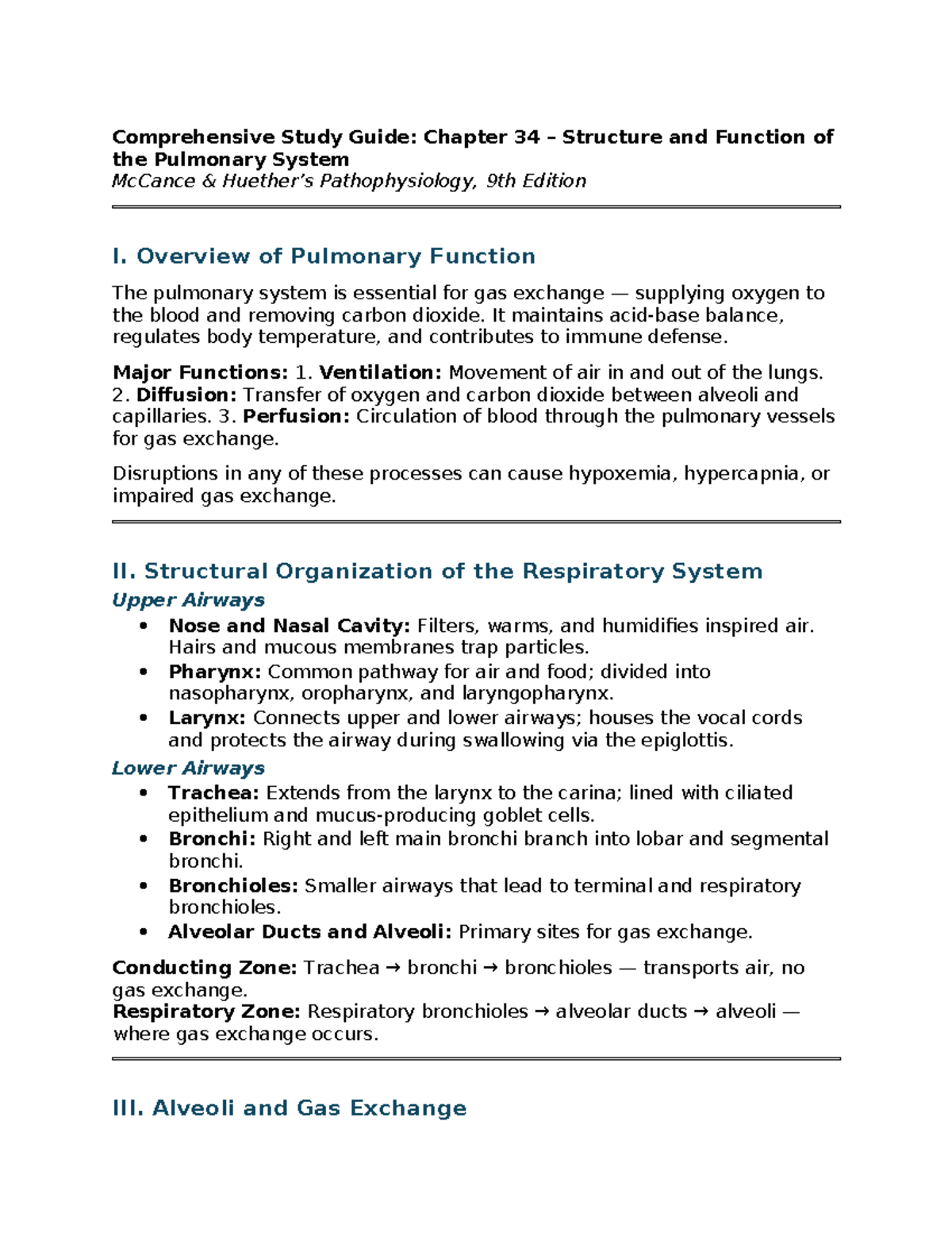 Chapter 34 Study Guide: Structure & Function of the Pulmonary System ...