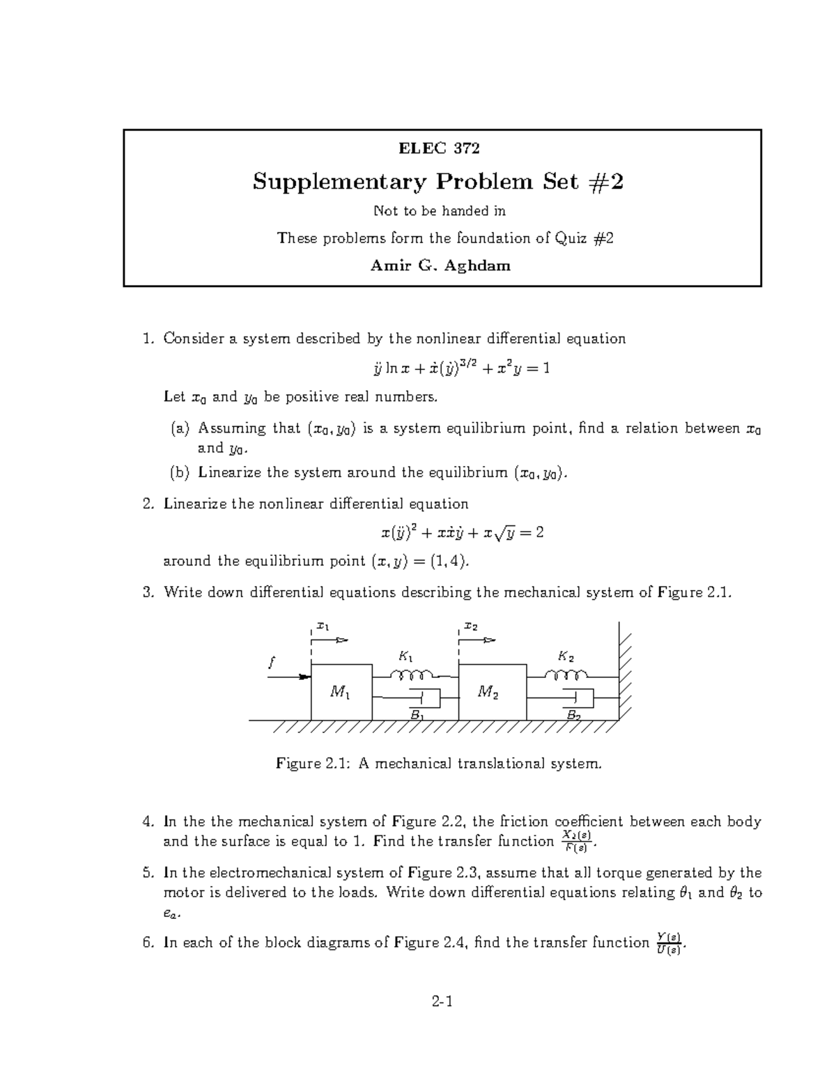 Supplementary Problems 2 on Control Systems (used for Quiz #2) in ...
