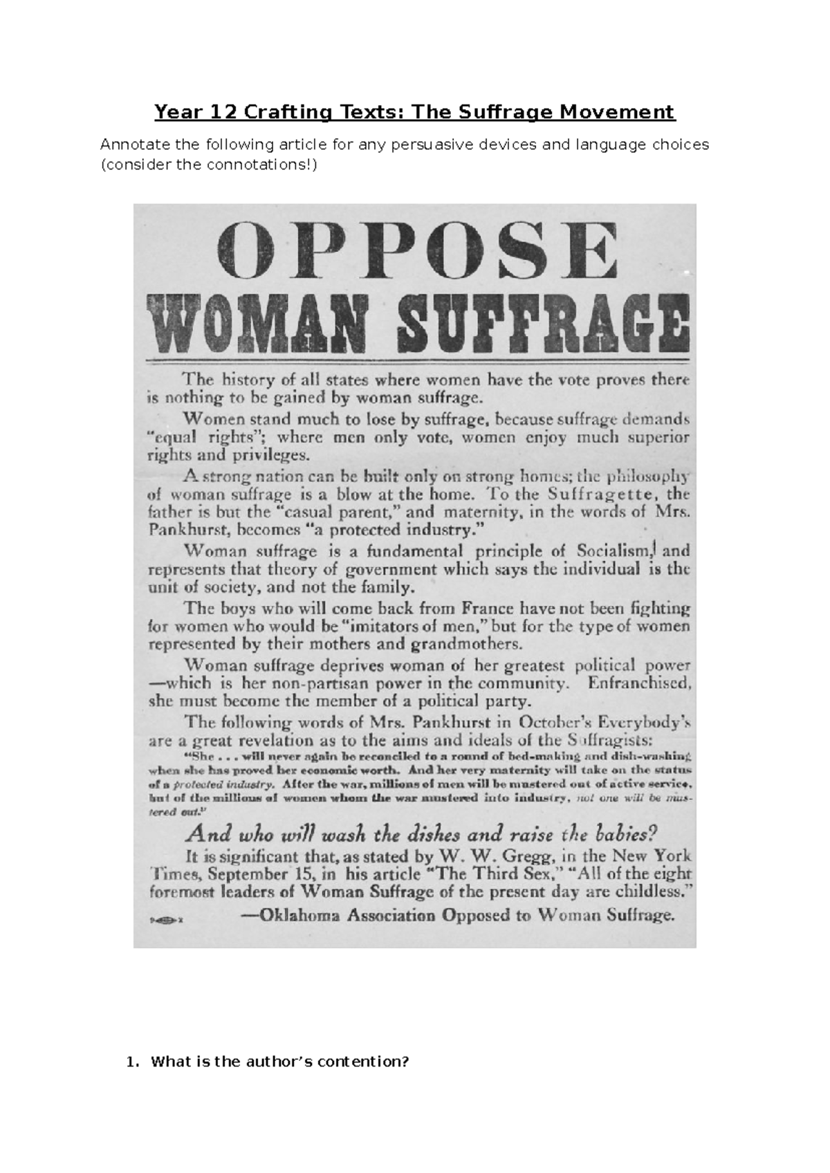 Year 12 Crafting Texts: Analyzing Persuasive Devices in Suffrage - Studocu