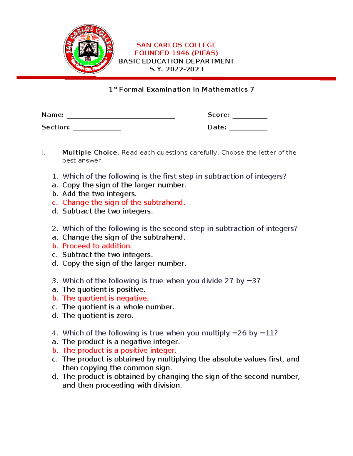 MATH G7: 1st Monthly Exam on Integers and Operations - Studocu