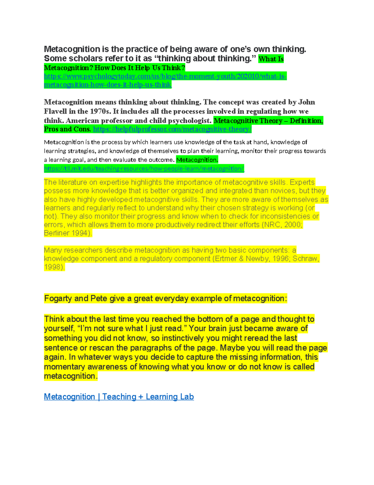 Metacognition: Understanding and Enhancing Thinking Skills - Studocu