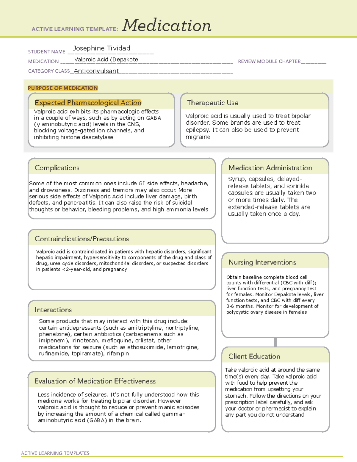 Valproic Acid (Depakote) - Active Learning Template Overview - Studocu