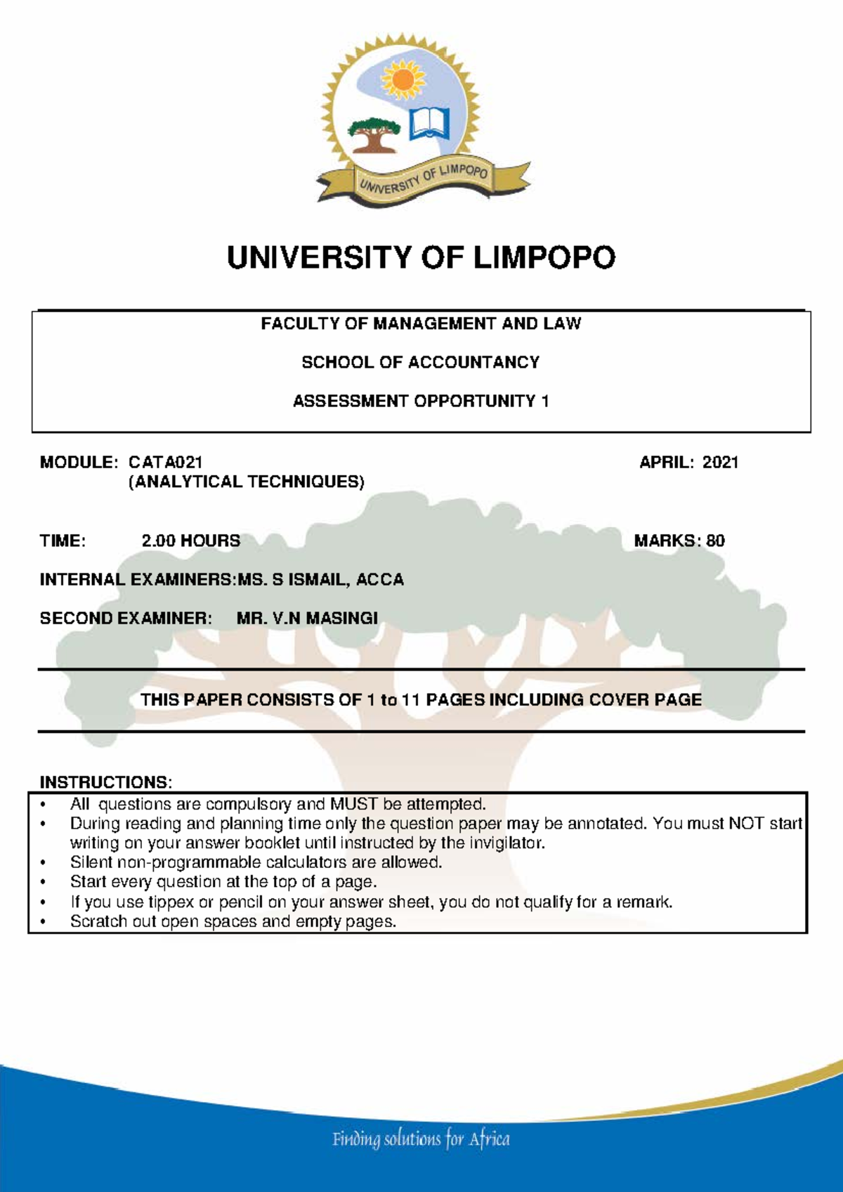 CATA Assessment One 2021 - UNIVERSITY OF LIMPO PO FACULTY OF MANAGEMENT ...