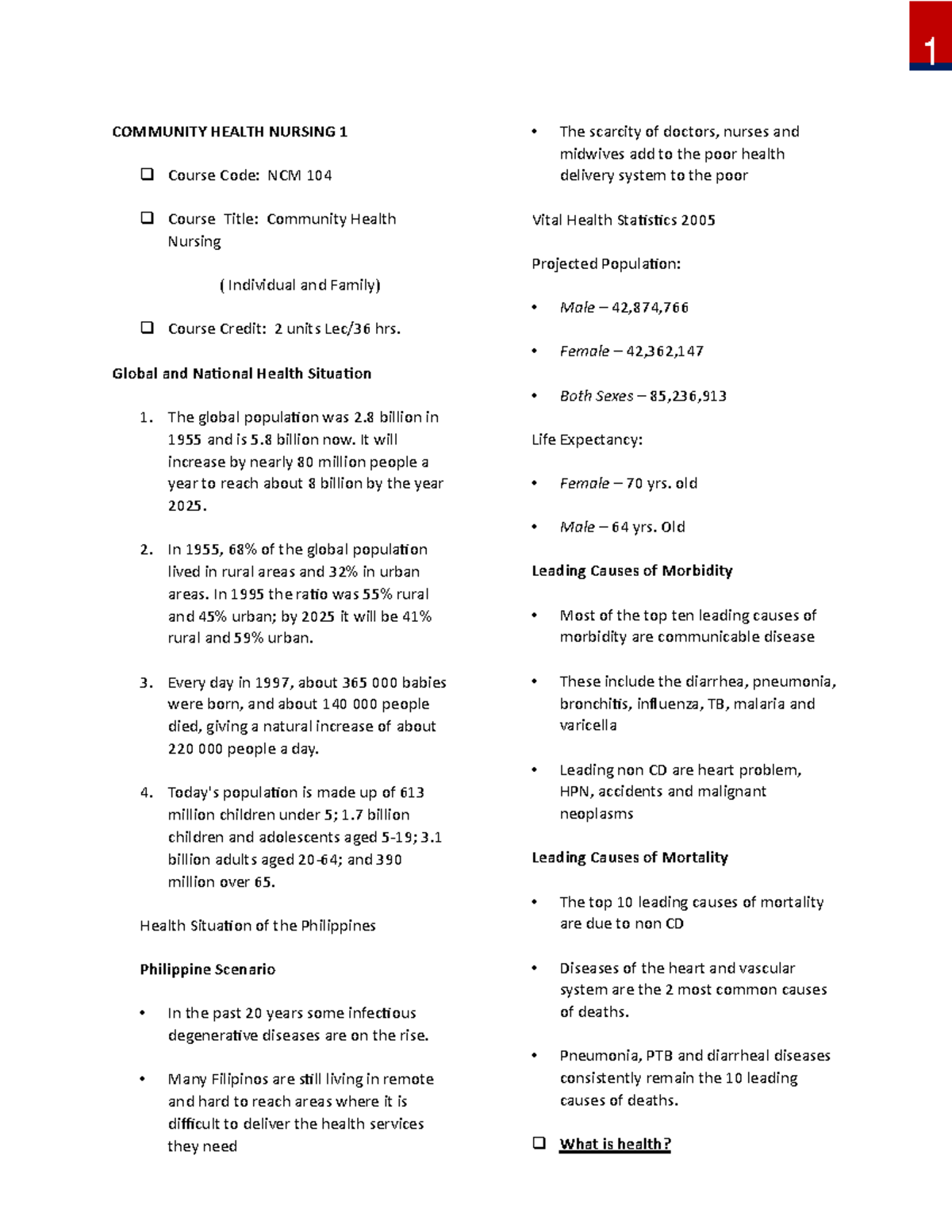 Module 1 Unit 1. Community Health Nursing - COMMUNITY HEALTH NURSING 1 ...