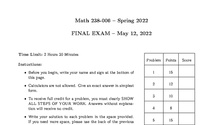 Math 238 006 Spring 2022 Final Exam Instructions and Problems - Studocu