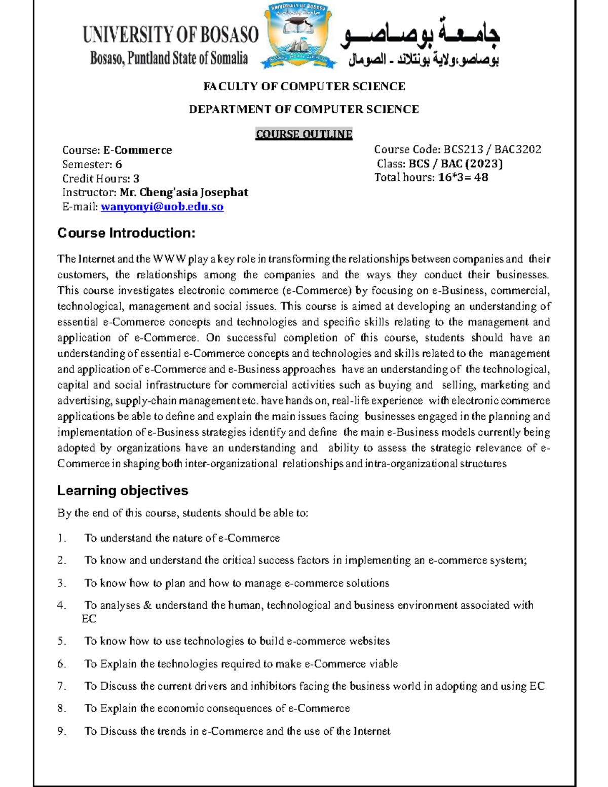 E-Commerce Course Outline - BCS213/BAC (Semester 6) - Studocu