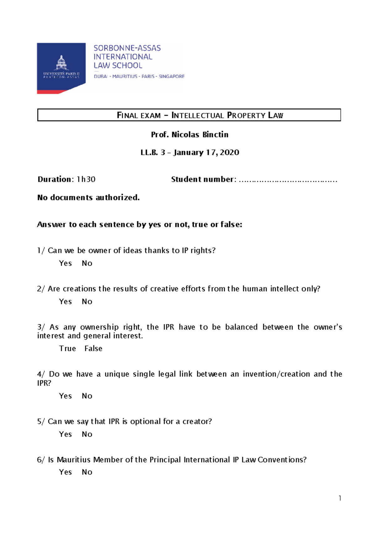 LLB 3 Intellectual Property Law - FINAL EXAM – INTELLECTUAL PROPERTY ...