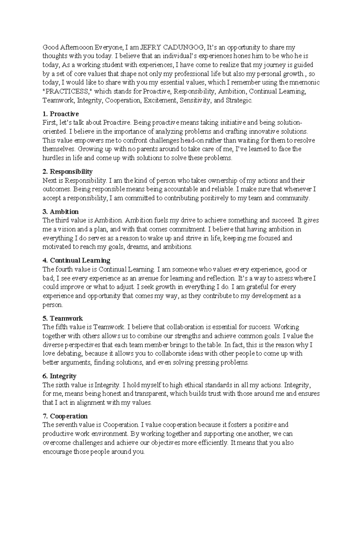 Core Values Speech: Proactive, Responsibility, Ambition, and More - Studocu