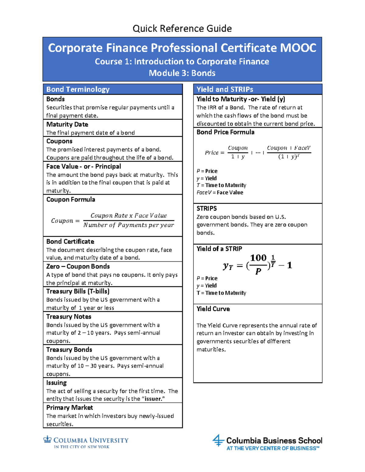 Course 1 Module 3: Quick Reference Guide to Bonds and Yield - Studocu