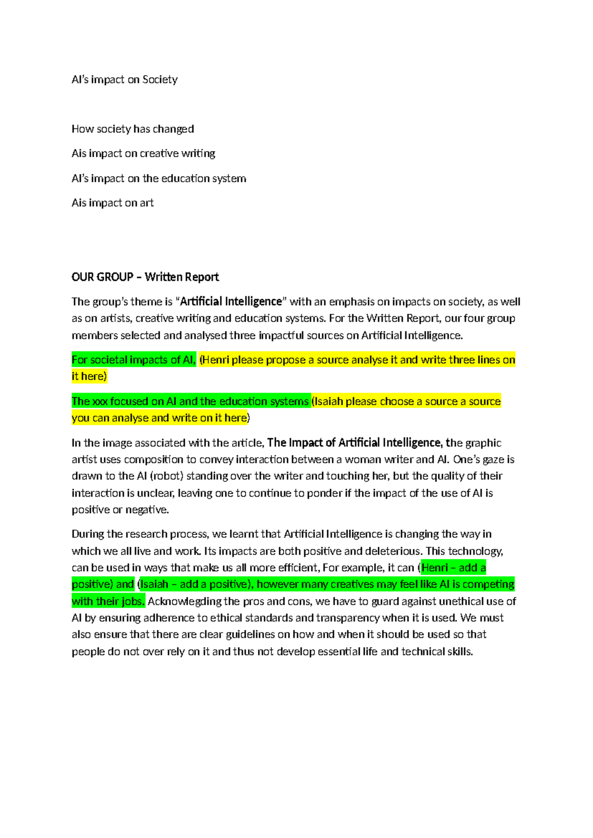 Written Report - The Impact of AI on Society, Education & Art (ENG 2024 ...
