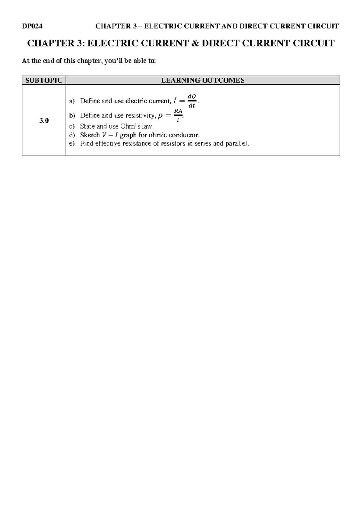 DP024 CHAPTER 3: ELECTRIC CURRENT & DC CIRCUITS NOTES - Studocu