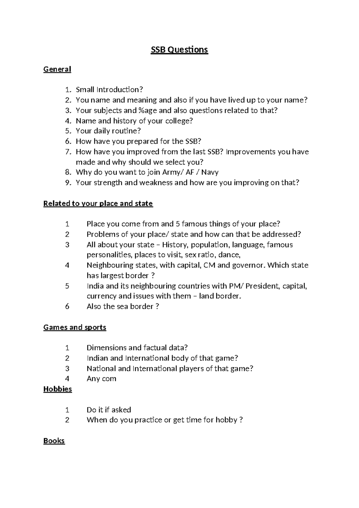 SSB Interview Questions - General Insights and Preparation Guide - Studocu