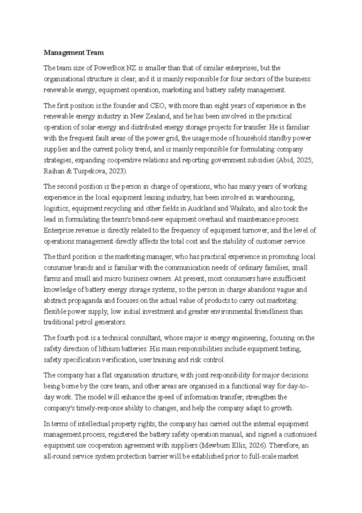Management Team Overview and Financial Projections for PowerBox NZ (2GR ...
