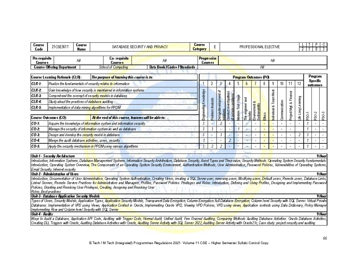 Database Security and Privacy Syllabus - 21CSE361T - Studocu