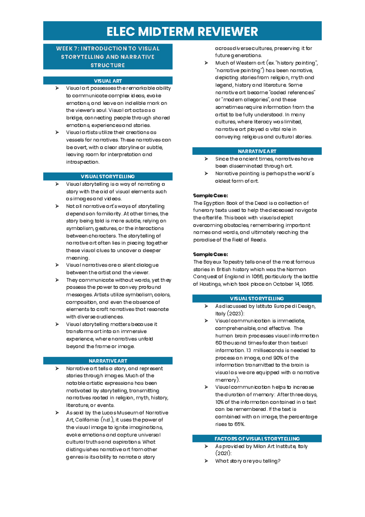 ELEC MIDTERM REVIEWER: VISUAL STORYTELLING & NARRATIVE ART - Studocu