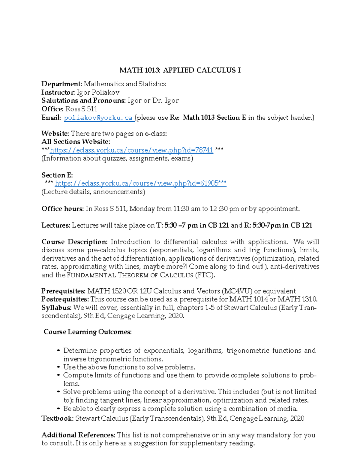 MATH 1013: APPLIED CALCULUS I Course Outline and Evaluation Guide - Studocu