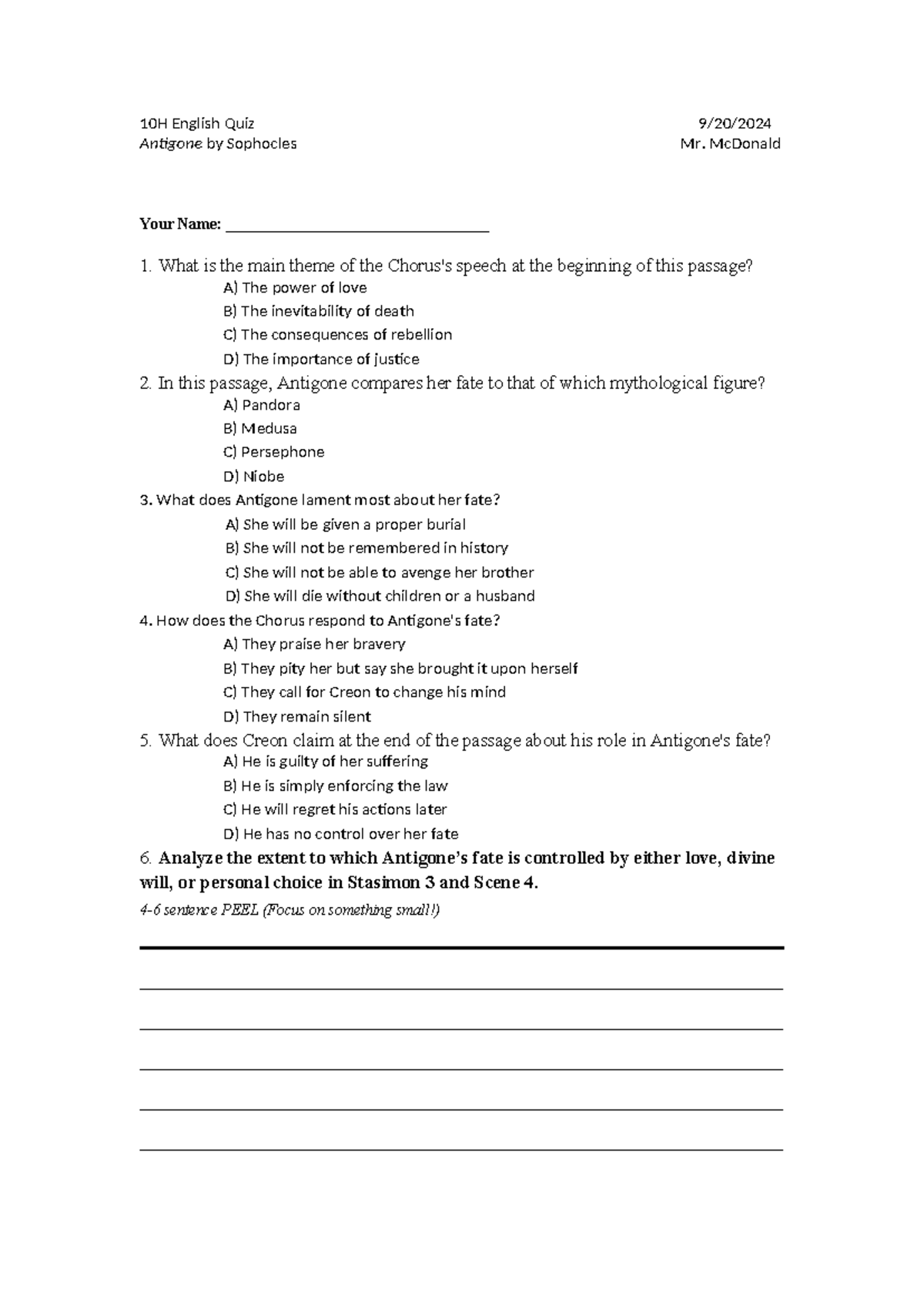 10H Antigone Quiz #4: Key Themes & Character Analysis - Studocu