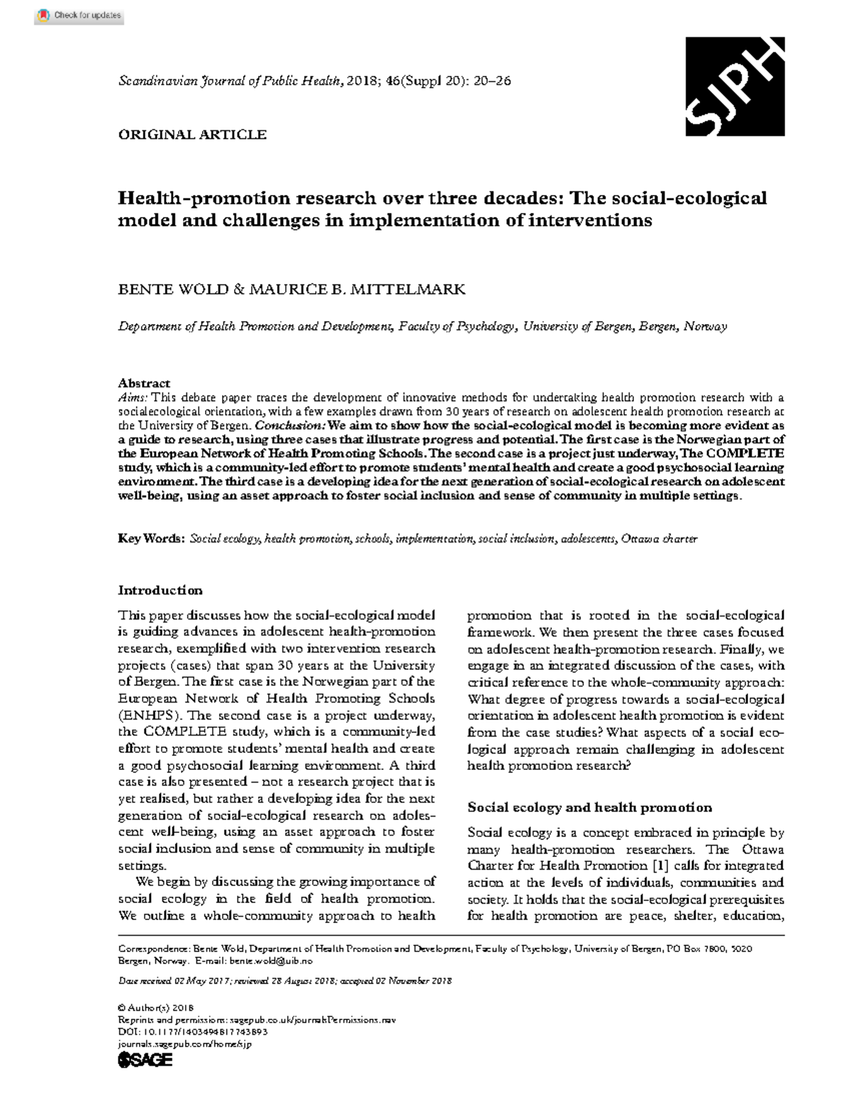 Health Promotion Research Across 30 Years: Social-Ecological Insights ...