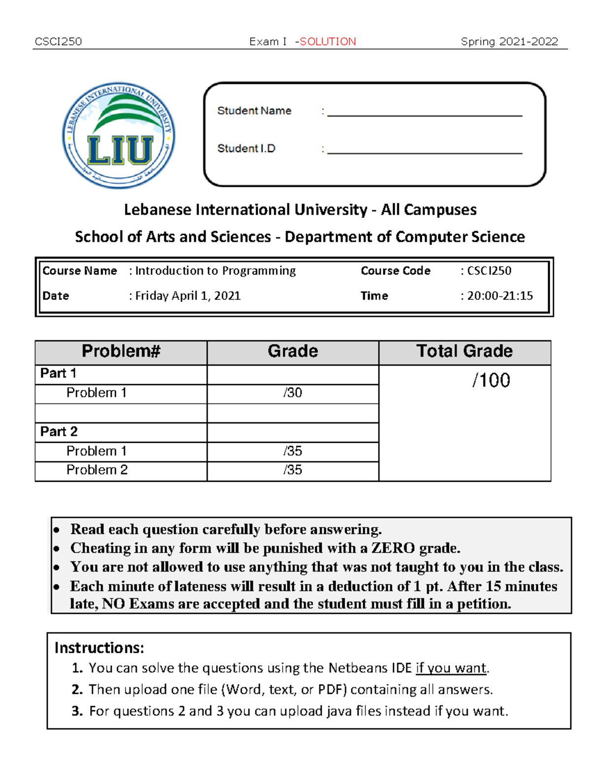 CSCI250 - Sample Exam I Solutions - Spring 2021 - Studocu