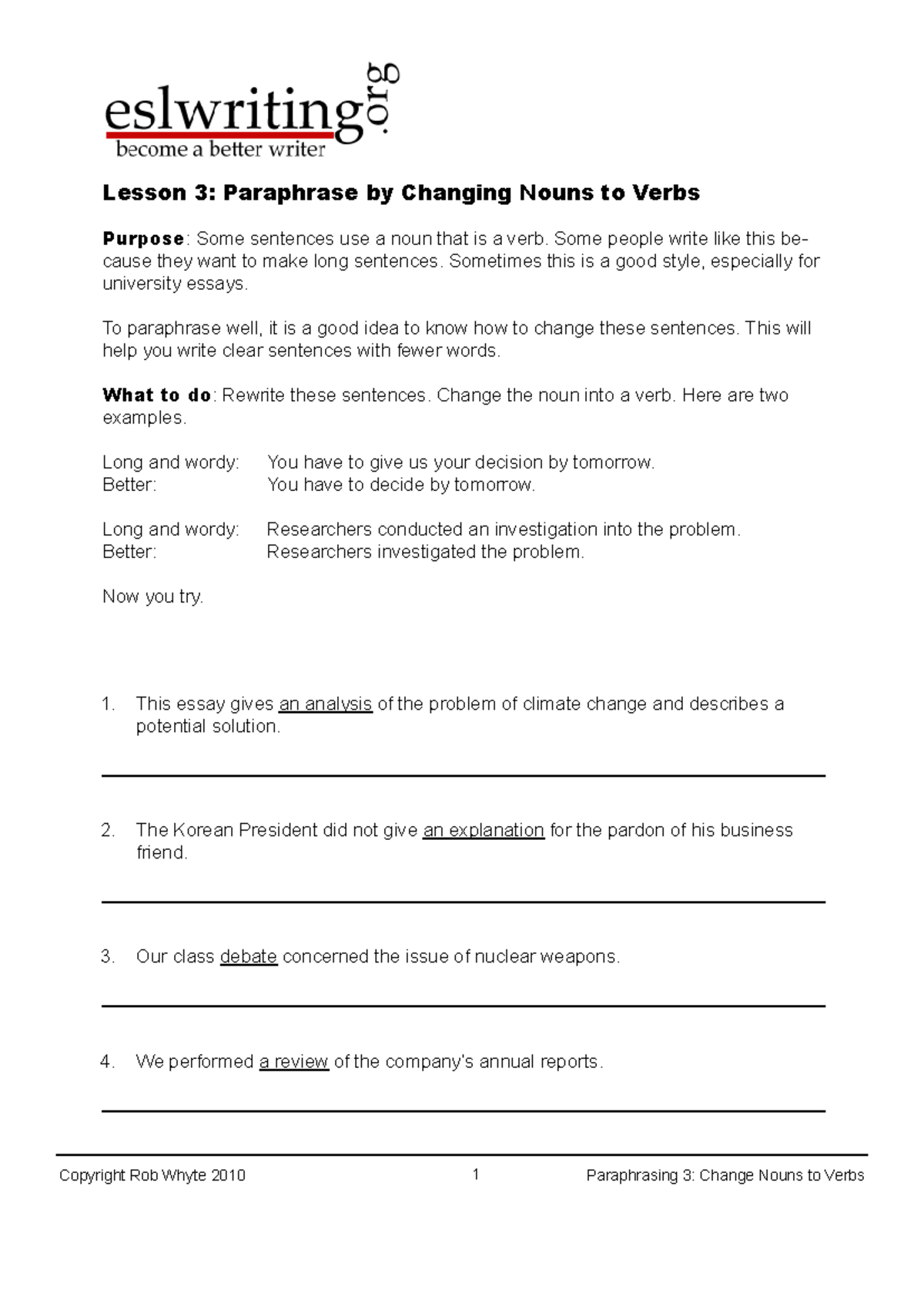 Lesson 3: Paraphrasing Nouns to Verbs in ESL Writing - Studocu