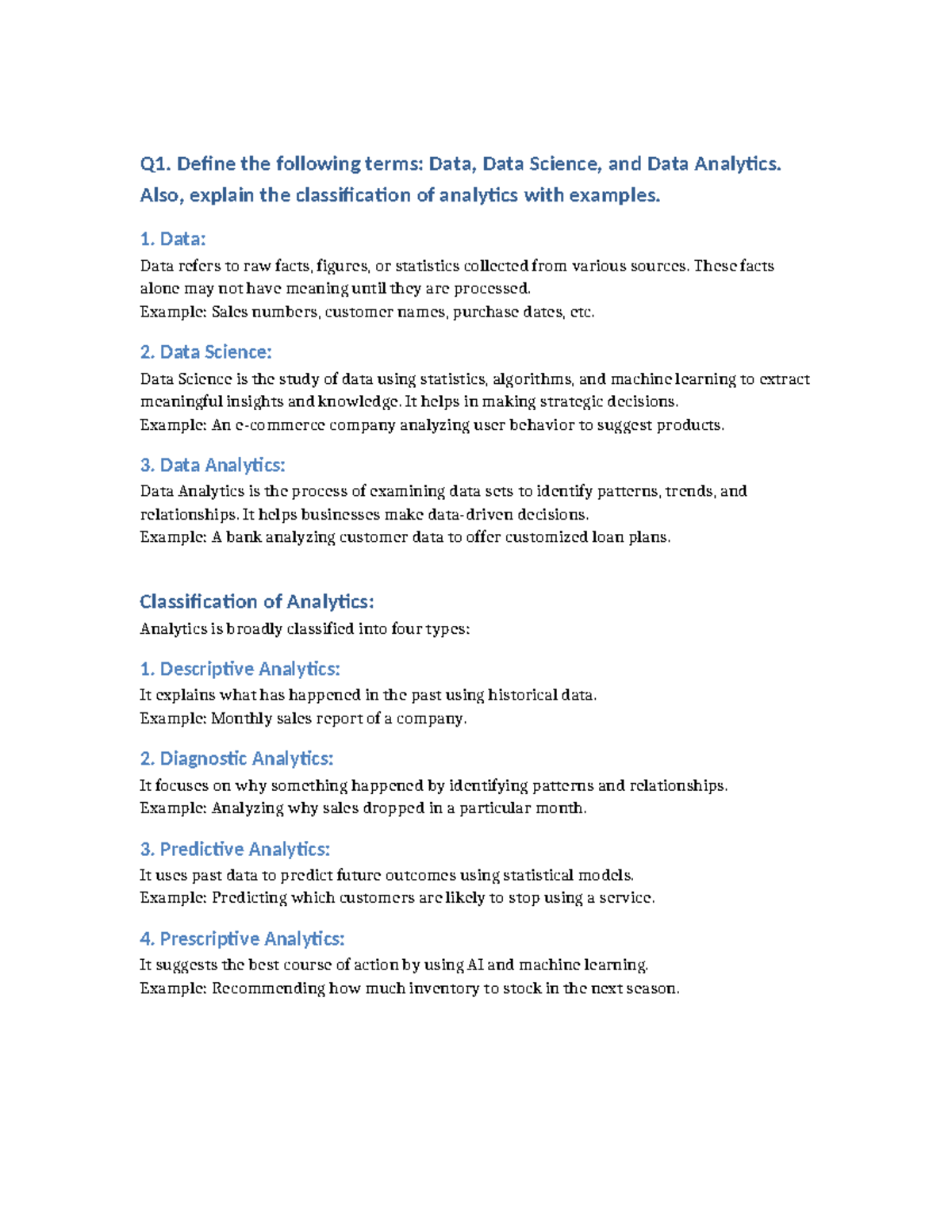 Data Analytics Definitions and Classifications - BCom - Studocu