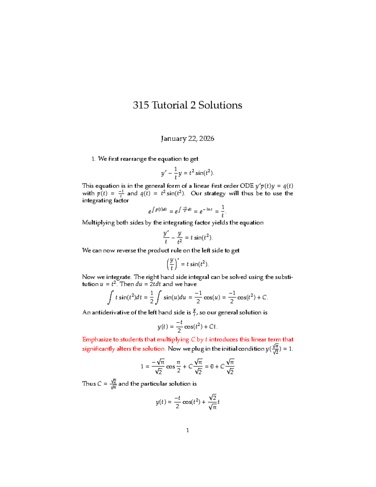 Math 315 Tutorial 2 Solutions - Detailed Explanations and Steps - Studocu
