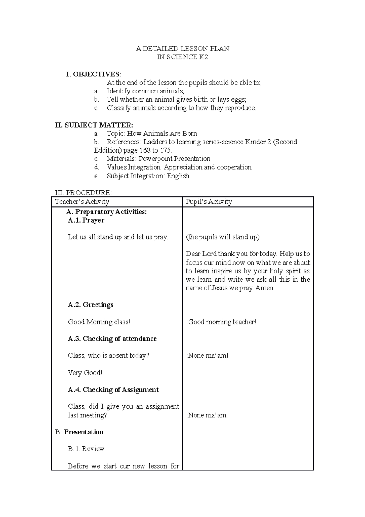Detailed Science Lesson Plan: How Animals Are Born (K) - Studocu