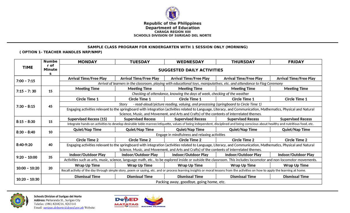 Kindergarten Sample Class Program for 1 Morning Session Only - Studocu