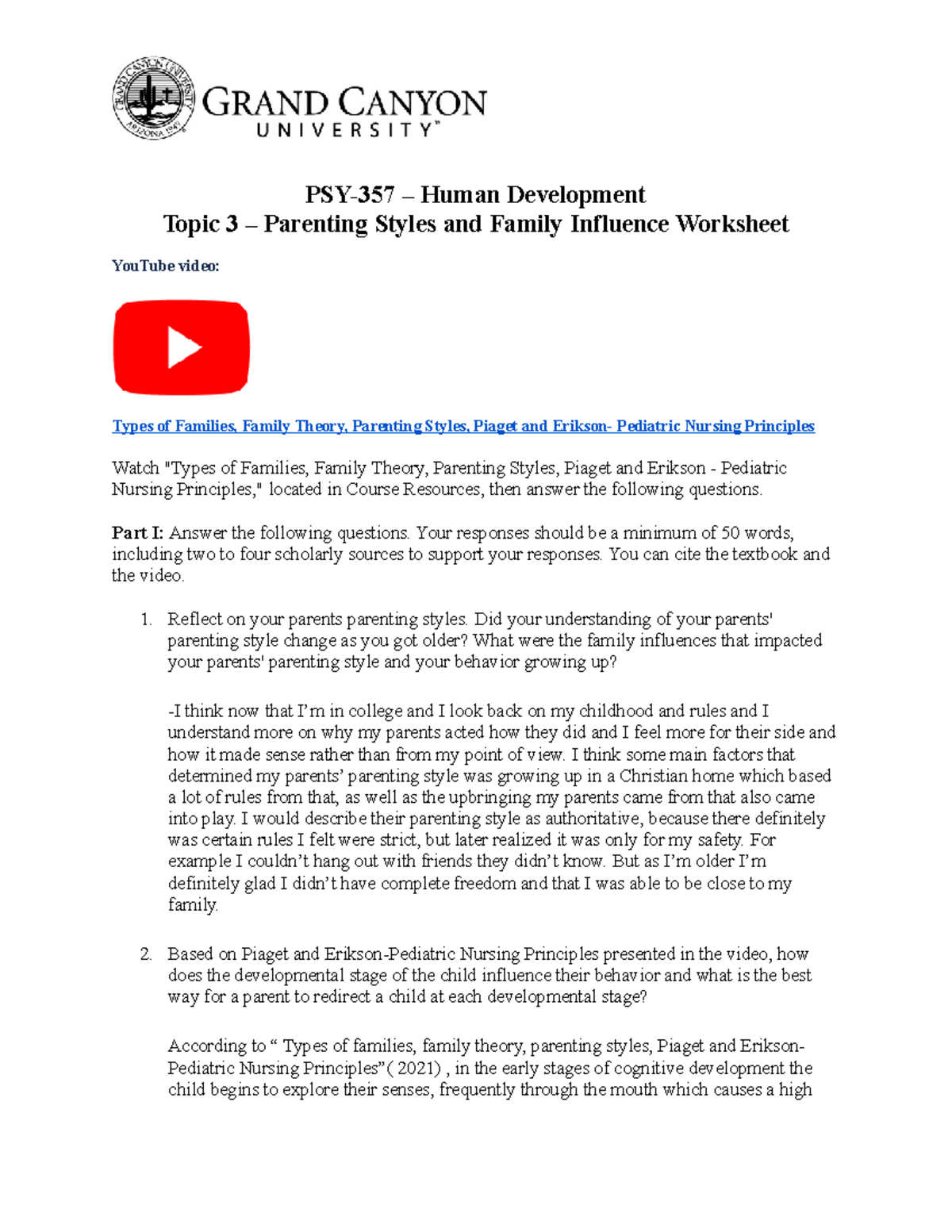 PSY 357 RS Parenting Styles & Family Influence Reflection Worksheet ...