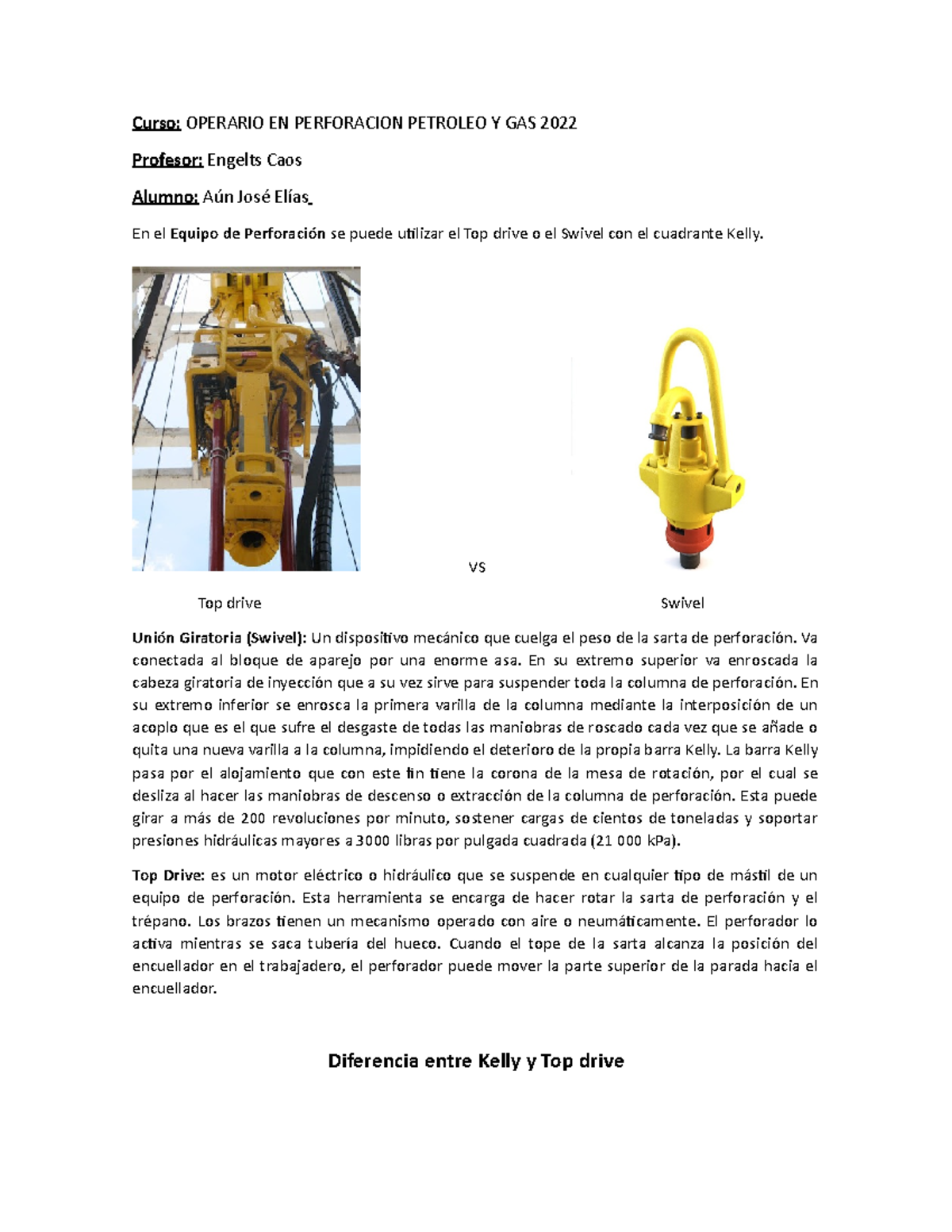 Ventajas y Desventajas del Top Drive vs Swivel y Kelly - OP 2022 - Studocu
